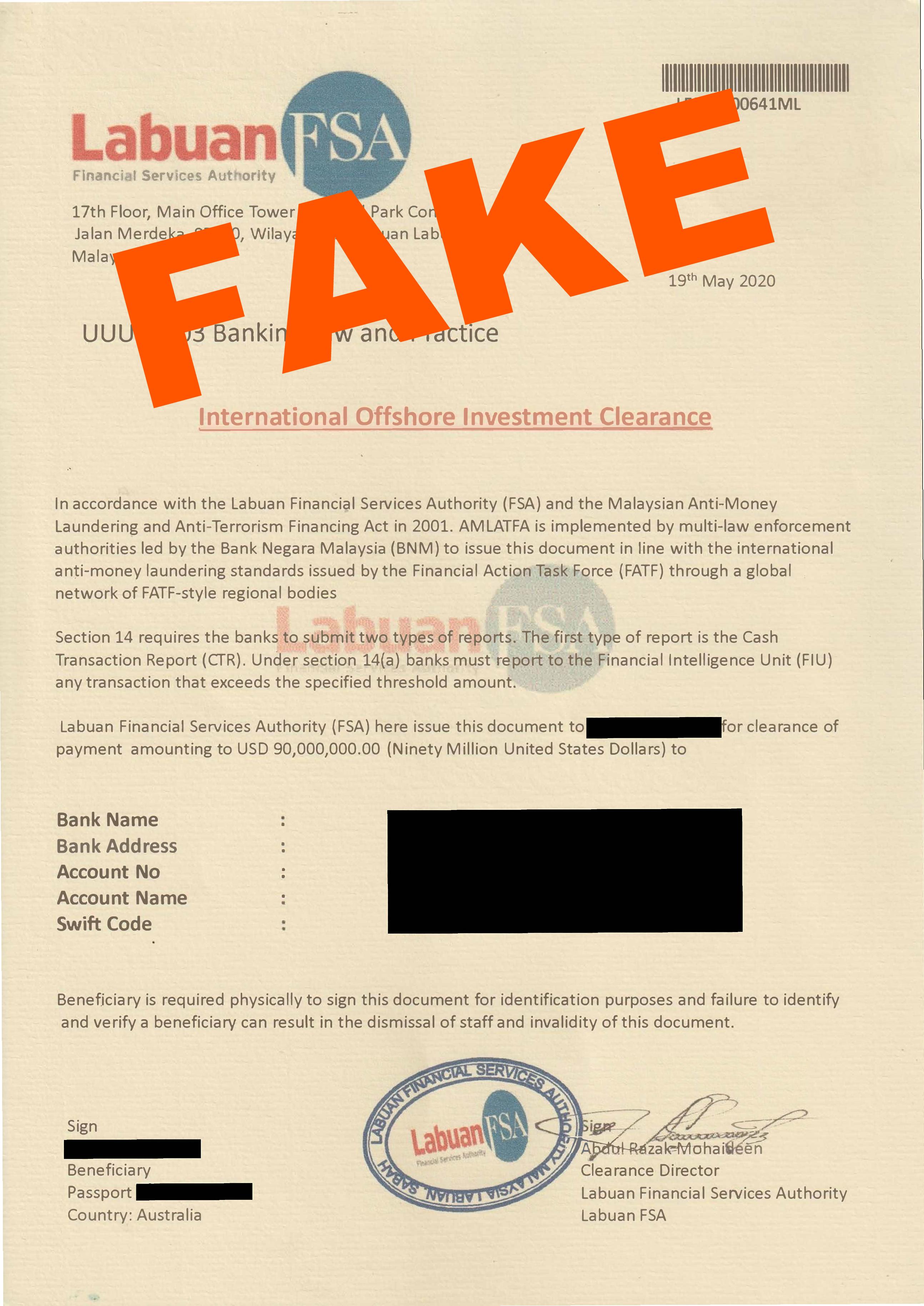 Forging of Documents - Investor Alerts | Labuan FSA